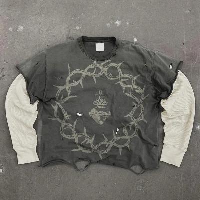 China MeiYue Distressed Screen Print T-shirt Vintage Cotton Ripped Double Layer Long Waffle Sleeve Oversized Acid Wash T Shirt for Men for sale