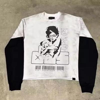 China Cotton Ripped Screen Printing Long Sleeve Distressed Shirt Sun Faded Breathable for sale