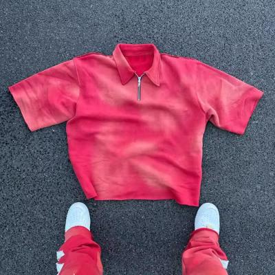 China Custom Logo Vintage Heavyweight Solid Color Plus Size Polo Zip up Short Sleeve Acid Washed Sun Faded Boxy Oversized T-shirt for sale