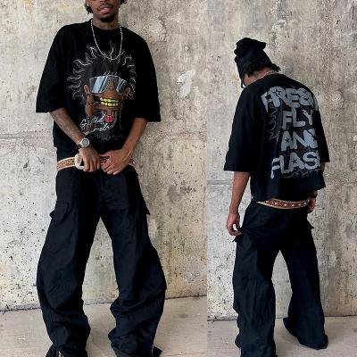 China Custom Ripped Screen Print Logo Boxy Cropped Half Sleeve Tee Baggy Tshirt Retro Streetwear Tshirt Oversized T-Shirt for Men for sale