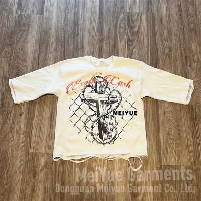 China Clothing Manufacturers Custom Men Cotton Boxy Drop Shoulder Crop Distressed Acid Wash T Shirt Screen Printing Tshirts for Men for sale