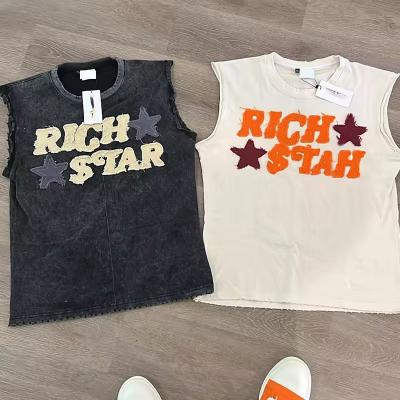 China Custom Print Logo Applique Rips Tank Top Cut and Sew Acid Wash Sleeveless Fitness Gym Muscle Blank Drop Armhole Vest T Shirt Men for sale