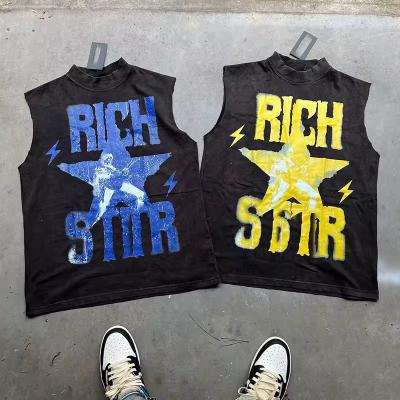 China Custom Print Logo Applique Rips T Shirt Mens Streetwear Sleeveless T Shirts Gym Wear for sale
