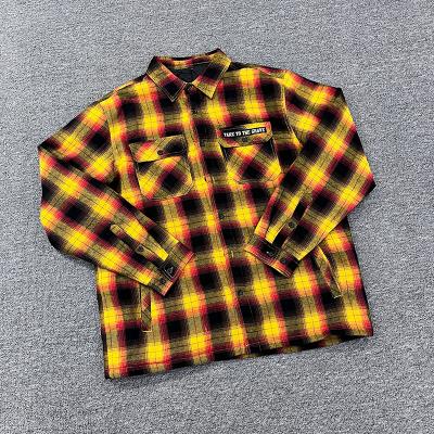 China Custom Embroidery Patch Vintage Logo Men's Long Sleeve Plaid Button Up Shirt In Cotton Fabric With Customized Printing Label for sale