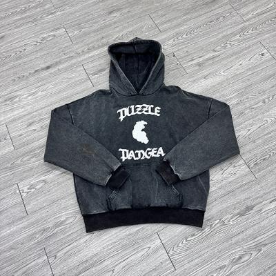 China Custom Hoodie No String Ripped Distress Screen Print Hoodie Acid Washed Vintage Retro Pullover Heavyweight Cotton Hoodies Men for sale