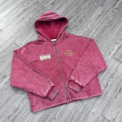 China Custom Embroidery Patch Logo Hoodie Acid Washed Vintage Cropped Hoodie Men Boxy Zip Up Fleece Hoodies for sale