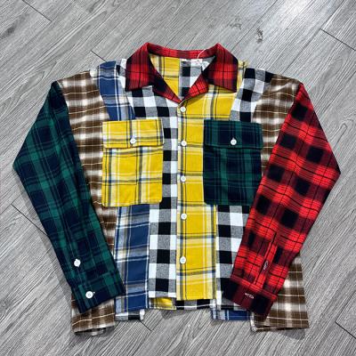China Custom Flannel Plaid Shirt Button Up Embroidery Patchwork Logo Color Block Polo Shirt Cut Sew Patch Shirt For Men for sale