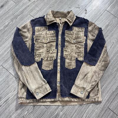 China Custom Retro Patchwork Pocket Streetwear Denim Jacket Wash Vintage Distressed Button Up Cargo Jacket For Men for sale