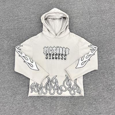 China Custom Open Bell Sleeves Screen Rhinestone Print Logo Hoodies French Terry Raw Hem Cropped Hoodie Customized Size for sale