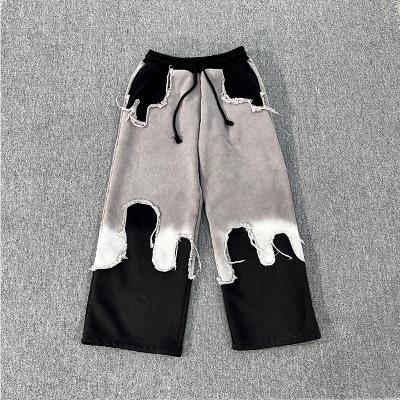 China OEM Custom Mens Sweatpants Hip Pop Oversized Vintage Distressed Streetwear Cotton French Terry Color Blocked Sweat Pants Joggers for sale