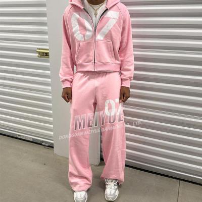 China Custom Pink Screen Print Zip Up Oversized Hoodie Set Pink Baggy Flare Sweatpants Jogging Suit Men Tracksuit For Men for sale