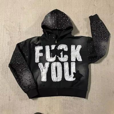 China Custom Applique Embroidery Distressed Hoodie Rhinestone Zip Up Jacket Acid Wash Vintage Washed Men Fleece Streetwear Hoodie for sale