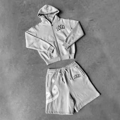 China Custom Patch Applique Embroidery Tracksuits Zip up 500 GSM Two Piece Hoodie Suit Sweatsuit Hoodies and Sweat Shorts Set for Men for sale