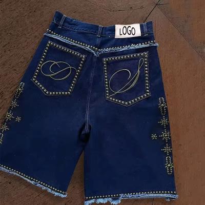 China Y2K Casual Vintage Streetwear Custom Baggy Vintage Wash Straight Leg Distressed Rhinestone Jeans Denim Shorts Jorts for Men for sale