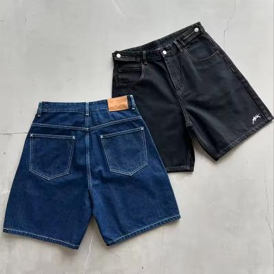 China Custom Baggy Fit 5-Pocket Logo Embroidered White Contrast Top Stitching Denim Shorts Blue Summer Products Jorts Short Jeans for sale