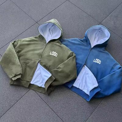 China Custom Unisex Fleece Lined Jacket Streetwear Acid Wash Blank Graphic Hooded Jacket Zipper up Thick Fashion Jacket for sale