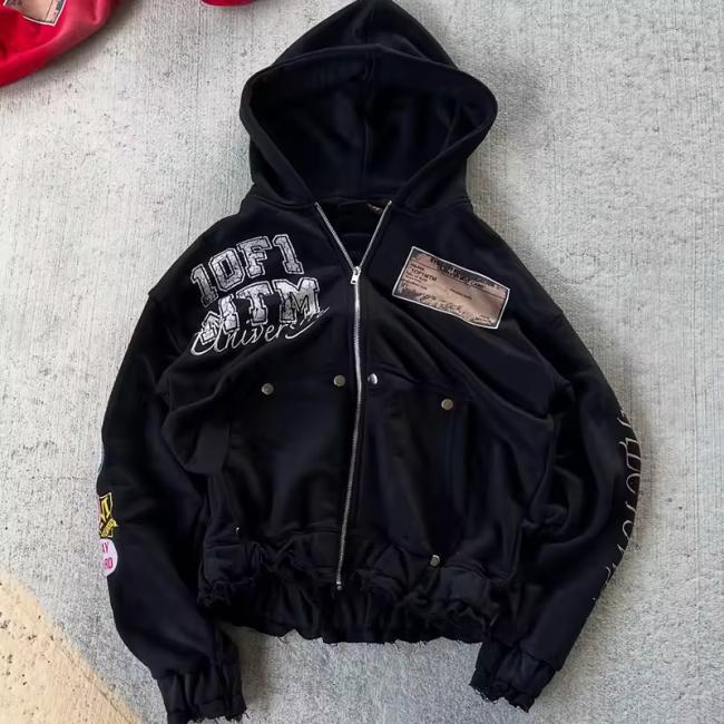 Close-up of hoodie fabric texture and distressing details