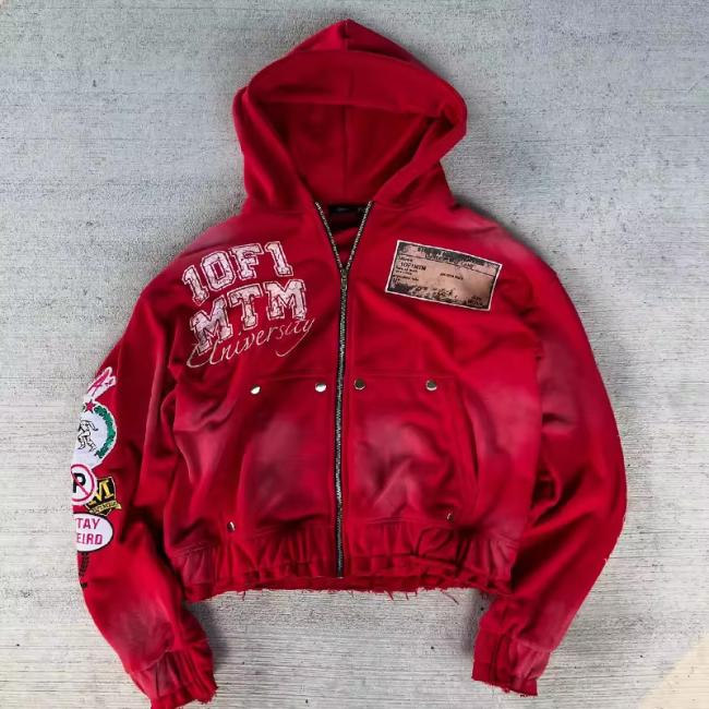 Custom distressed hoodie front view with embroidery patch