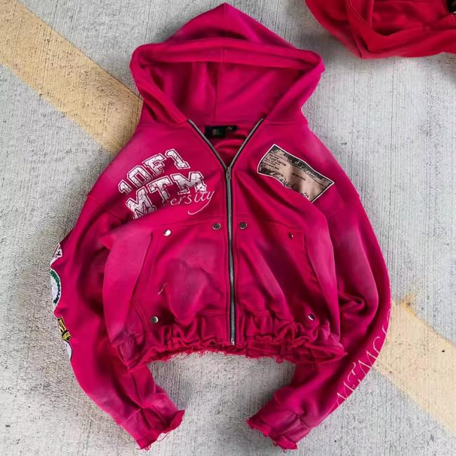 Custom distressed hoodie side view showing ripped screen print