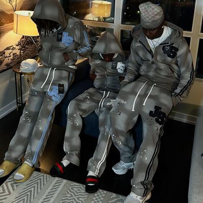 China Custom logo Sweat Suit Unisex Applique Embroidery Acid Wash Hiphop Sweatsuit Zipper up Boxy Hoodie and Stripe Sweatpants Set for sale