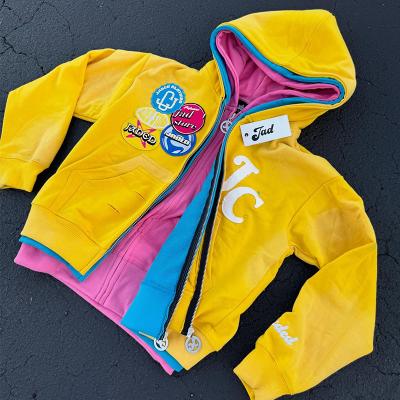 China Custom logo Embroidery Patch Hoodie Streetwear Distressed Acid Washed Zip Hoodie Unisex Heavyweight French Terry Boxy Hoodie for sale