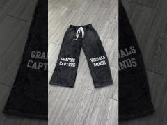 Custom Ripped Screen Print Acid Wash Vintage Sweatpants Baggy Embroidered Wide Leg Streetwear Flared