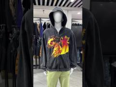 Custom Black Graphic Screen Print Zip up Hoodies Men Acid Vintage Heavy Weight Cotton Oversized Dist