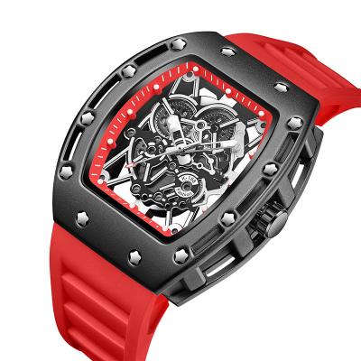 China Men's Tonneau Skeleton Racing Watch – Quartz Luminous Red Silicone Strap for sale