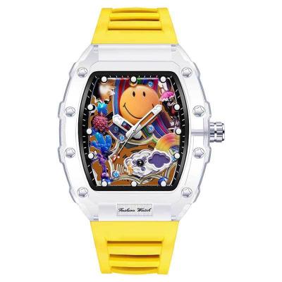 China Men White Tonneau Barrel Quartz Watch Colorful Graffiti Smiley Face Hollow Dial Hip Hop Street Fashion Waterproof Silicone Strap Wristwatch for sale
