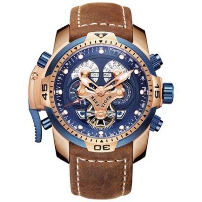 China Reef‑Tiger Men’s Sports Chronograph Watch, Rose‑Gold Case with Brown Suede Leather Strap for sale