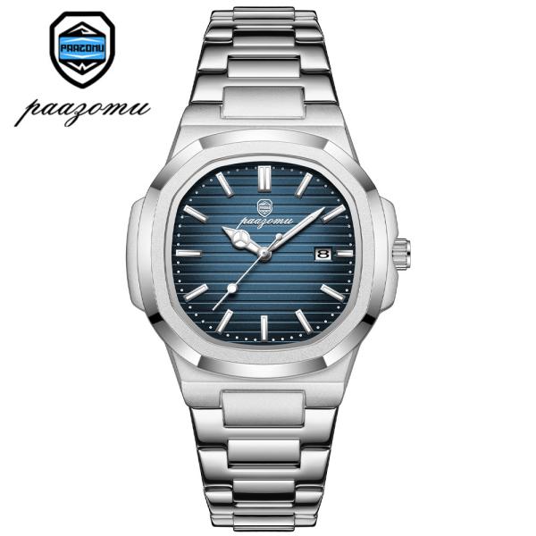 Quality Men's Square Nautilus Style Automatic Watch – Tapestry Dial Steel Bracelet for sale