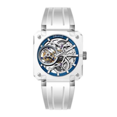 China Square Transparent Tourbillon Skeleton Mechanical Watch for Men White Rubber Strap Blue Dial for sale