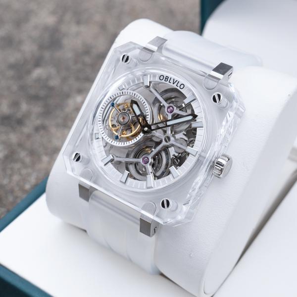 Quality Square Transparent Tourbillon Skeleton Mechanical Watch for Men White Rubber for sale