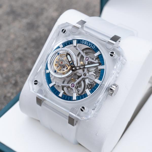 Quality Square Transparent Tourbillon Skeleton Mechanical Watch for Men White Rubber for sale