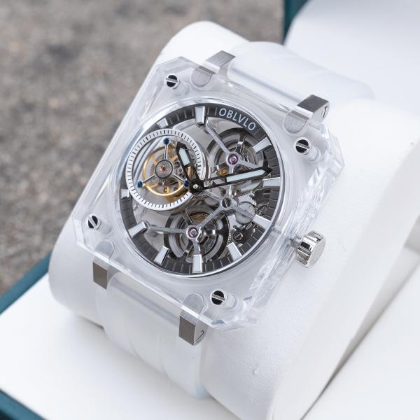 Quality Square Transparent Tourbillon Skeleton Mechanical Watch for Men White Rubber for sale