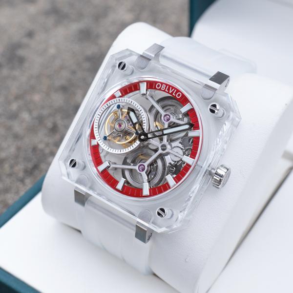 Quality Square Transparent Tourbillon Skeleton Mechanical Watch for Men White Rubber for sale