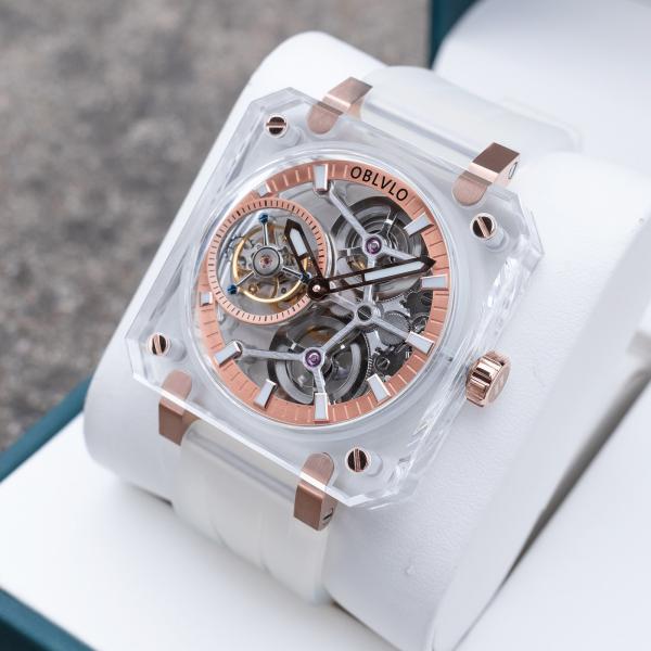 Quality Square Transparent Tourbillon Skeleton Mechanical Watch for Men White Rubber for sale