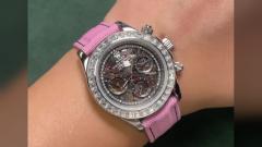 Wholesale Baguette Diamond Bezel Watch, Skeleton Dial Pink Fabric Strap Chronograph Watch