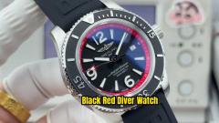 Black Dial Red Inner Ring Diver Men Automatic Watch Black Rubber Strap