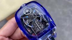 Blue Transparent Skeleton Mechanical Watch, Luxury Hollow Men Wristwatch Wholesale