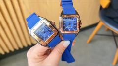 Rose Gold Square Wrist Watch Blue Rubber Strap Blue Roman Dial Date Fashion Dress Watch