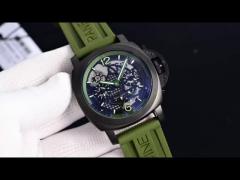 Men's Black Cushion Case Skeleton Automatic Watch Green Dial Green Rubber Strap Tourbillon Wristwatc