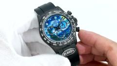 Wholesale Carbon Fiber Case Chronograph Watch, Starry Blue Art Dial Tachymeter Bezel Rubber Strap Ra