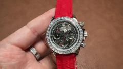 Wholesale Diamond Bezel Chronograph Watch, Skeleton Dial Red Fabric Strap Watch for Men