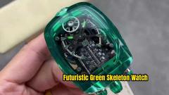 Green Transparent Skeleton Mechanical Watch, Hollow Luxury Men Wristwatch Wholesale