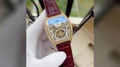 Gold Tonneau Skeleton Mechanical Watch Day‑Night Display Diamond Bezel Leather Strap