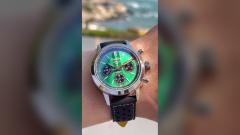 Stainless Steel Racing Chronograph Watch, Vibrant Green Dial Black Perforated Leather Strap Mechanic