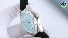 Stainless Steel GMT Automatic Sports Watch, Ice Blue Dial Black Rubber Strap Dual Time Zone Wristwat