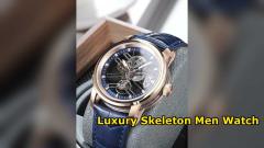 Rose Gold Skeleton Automatic Men Watch Blue Leather Strap Mechanical Wrist Watch