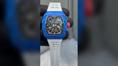 Barrel Hollow Sports Mechanical Watch Blue Carbon Case White Rubber Strap Display
